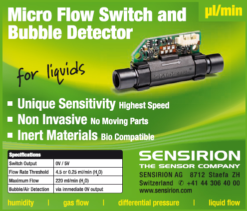 Micro flow switch and bubble detector for liquids